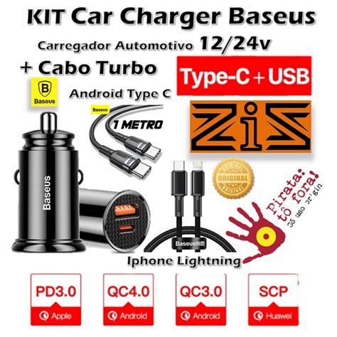 Kit Carregador Veicular TURBO USB Type C BASEUS Car Charger CABO BASEUS Metro Shopee Brasil