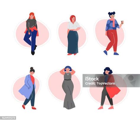 Attractive Plus Size Woman Character In Fashionable Clothes Vector Set