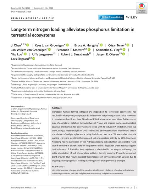 Pdf Long Term Nitrogen Loading Alleviates Phosphorus Limitation In Terrestrial Ecosystems