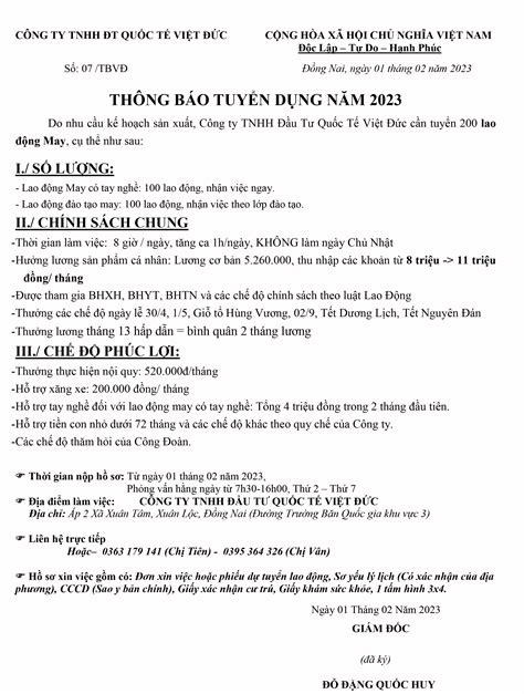 Công ty TNHH Đầu Tư Quốc Tế Việt Đức cần tuyển lao động May Báo Đồng Nai điện tử