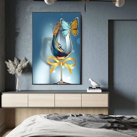 Affiche de toile abstraite moderne et impression papillon verre à vin