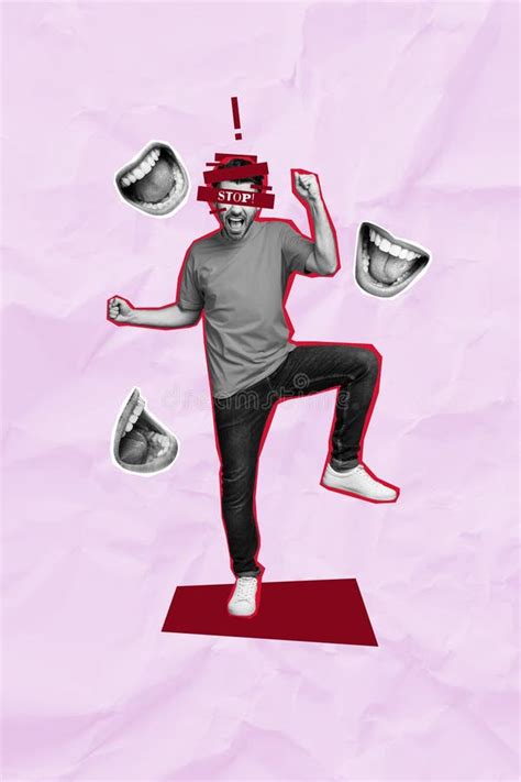Vertical Creative Photo Collage Young Outraged Man Stop Harassment
