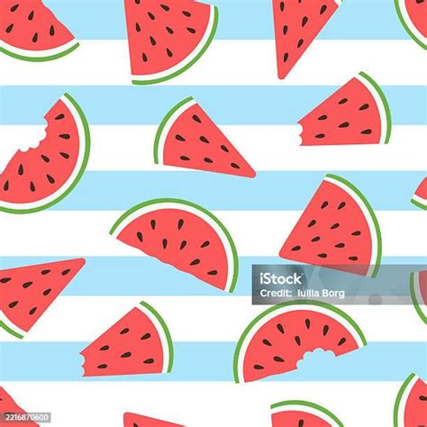 푸른 줄무늬 배경에 신선하게 익은 수박 조각과 완벽 한 패턴 여름 과일 테마 벽지 벡터 일러스트 레이 션 건강한 식생활에 대한 스톡 벡터 아트 및 기타 이미지 Istock