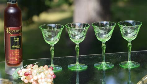 Vintage Etched Green Vaseline Glass Wine Liquor Cordials Set Of 4