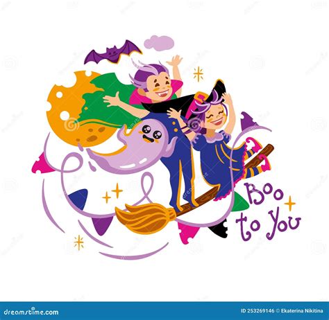 Cute Vampire And Witch Are Flying On A Broom Stock Illustration