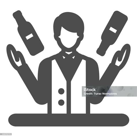 바텐더 저글링 병 작업 솔리드 아이콘의 바키퍼 바 컨셉 흰색 배경에 바맨 저글러 벡터 사인 모바일 컨셉 및 웹 디자인을위한