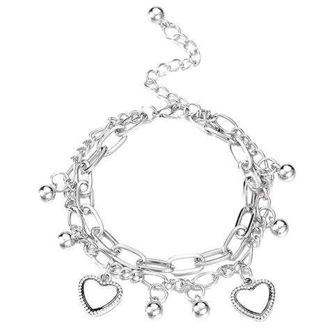 써지컬 발찌 체인 두줄 여성용 더블 레이어 비치 나비 하트 벨 펜던트 조절가능 풋 쥬얼리 티몬