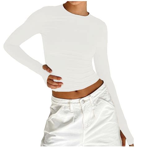 Kaemgyyd Womens Long Sleeve Shirts Basic Solid Color Crop Tops Fall