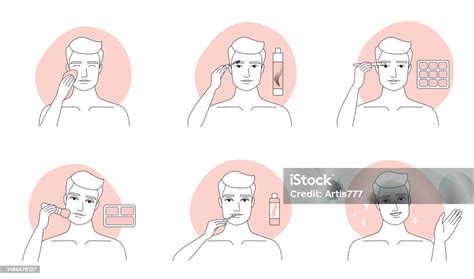 남자를 위한 메이크업 세트 화장을 위한 스펀지와 브러쉬를 들고 있는 잘생긴 남성 캐릭터 개념에 대한 스톡 벡터 아트 및 기타