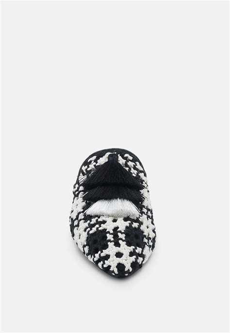 Women Mariana Black Woven Flat Mules With Tassels Luxury Shoes In