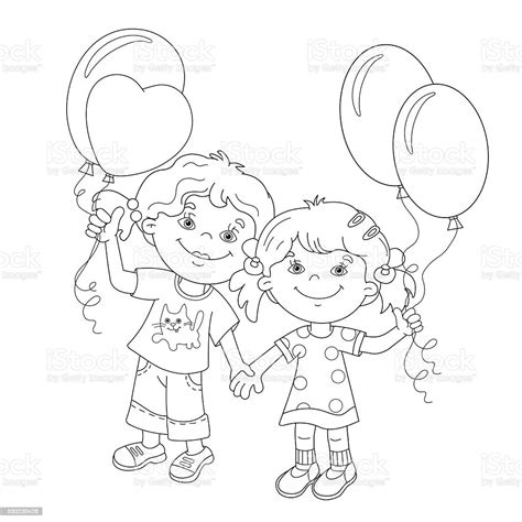 색칠놀이 페이지 외형선 의 말풍선이 있는 걸스 갖춘 풍선 모션에 대한 스톡 벡터 아트 및 기타 이미지 모션 벡터 손 잡기 Istock