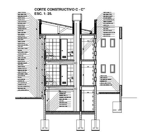 Front Section View Of Construction Detail Of The Building Is Given In This Autocad Drawing Model
