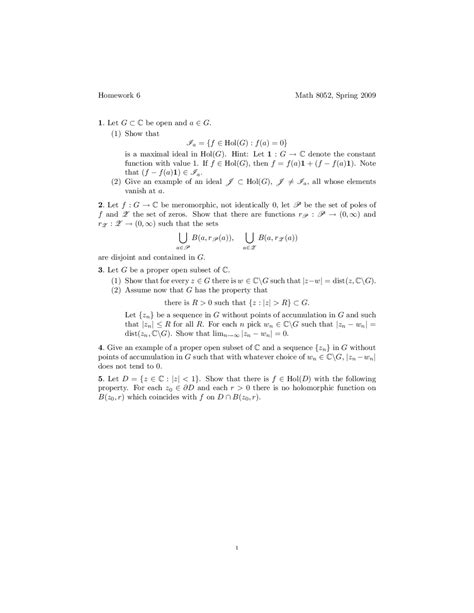 Homework 6 With 5 Practice Problems On Functions Of A Complex Variable Math 8052 Assignments
