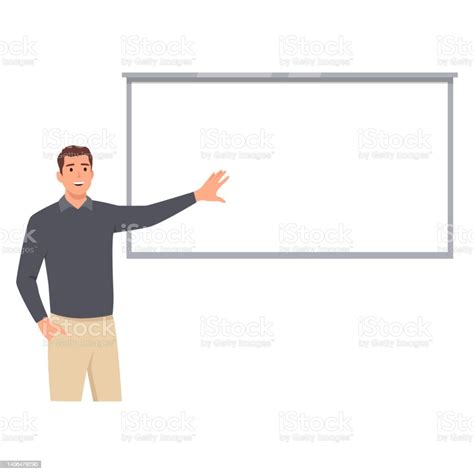 칠판 근처에서 학교 수업에 관한 자료를 설명하는 청년 대학에서 교육 과정 개인 지도 교사에 대한 스톡 벡터 아트 및 기타 이미지