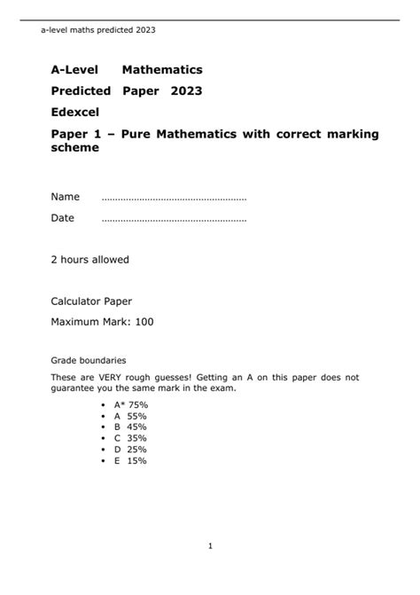 A Level Mathematics Predicted Paper 2023 Edexcel Paper 1 Pure Mathematics With Correct Marking