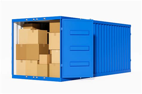 문이 열린 파란색 선적 컨테이너는 내부에 쌓인 판지 상자를 드러냅니다 물류 및 보관 개념 3d 렌더링 3d 렌더링 0명에 대한 스톡 사진 및 기타 이미지 Istock