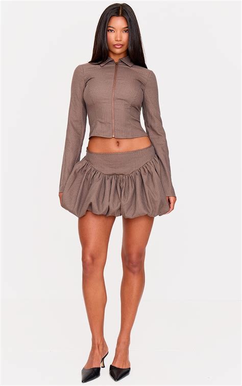 Brown Check Puff Mini Skirt Co Ords Prettylittlething Usa