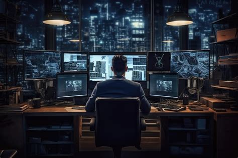 Premium Ai Image Back View Of Young Businessman Sitting In Front Of Computer Monitors In