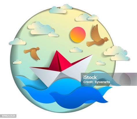 종이 접기 종이 배 장난감 바다에서 수영 파도 장난감 보트는 바다에 떠 있는 아름 다운 바다 경치의 아름 다운 벡터 일러스트 레이 션 하 고 하늘에 새 들 물 여행 여름