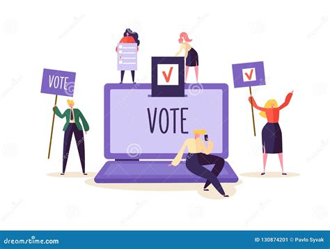 E Voting Concept With Characters Voting Using Laptop Via Electronic Internet System Man And