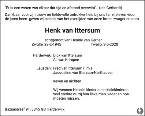 Henk Hendrikus Van Ittersum 03 05 2020 Overlijdensbericht En