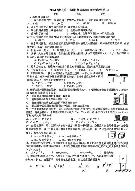 上海市闵行区莘松中学春申校区2024 2025学年九年级物理上学期10月月考卷 教习网试卷下载