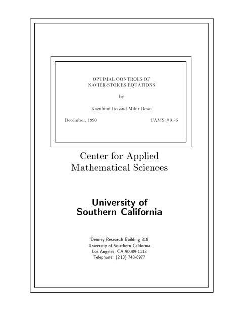 Pdf Optimal Controls Of Navier Stokes Equations