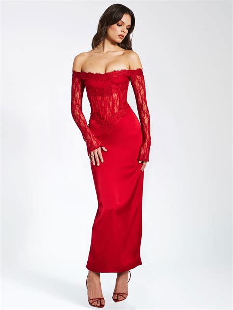 Nessa Red Lace Satin Corset Maxi Dress Miss Circle