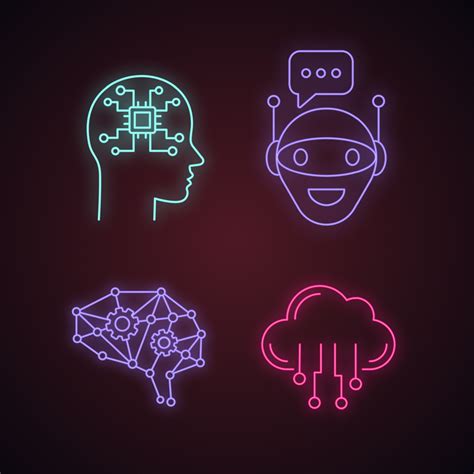 Artificial Intelligence Neon Light Icons Set Neural Network