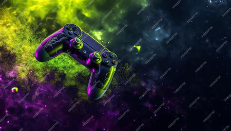 A Video Game Controller With A Purple Background And A Space Background With Stars Premium Ai