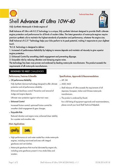 Pdf Technical Data Sheet Shell Advance 4t Ultra 10w 40 · Technical