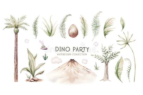 Watercolor Volcano Trees Leaves Dinosaur Egg Footprints Llustration