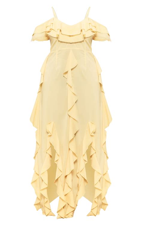 Plus Lemon Cold Shoulder Ruffle Detail Maxi Dress Plus Size