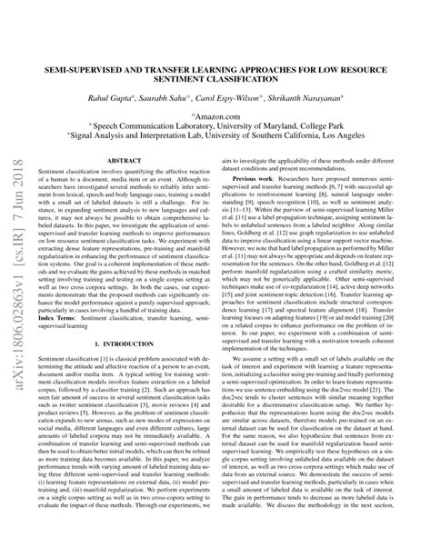 Semi Supervised And Transfer Learning Approaches For Low Resource Sentiment Classification Deepai