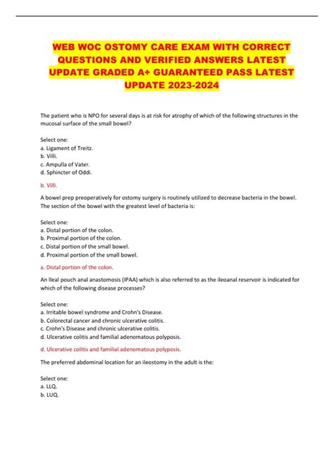 Web Woc Ostomy Care Exam With Correct Questions And Verified Answers Latest Update Graded A