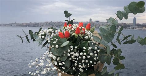 Woman Hand Holding Bouquet Over Water And With City Behind · Free Stock