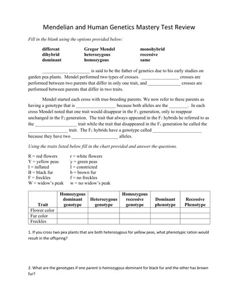 Mendelian And Human Genetics Mastery Test Review