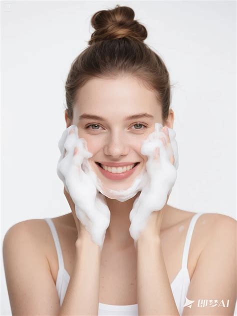 图中是一位国外女性，她头发高高束起，身着白色吊带。双手置于脸颊两侧，手上和脸颊沾有白色泡沫，应是洁面产品产生的泡沫，正在进行洁面步骤。背景为白色，整体营造出清新、日常的护肤氛围，展现出洁面护理