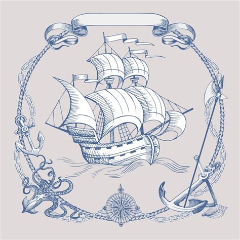 해적 배경 빈티지 테두리 프레임 오래 된 Caravel 빈티지 요트 바다 괴물 프리미엄 벡터