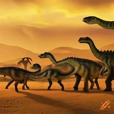 Prehistoric Landscape With A Herd Of Hadrosaurus Dinosaurs In Warm Morning Light