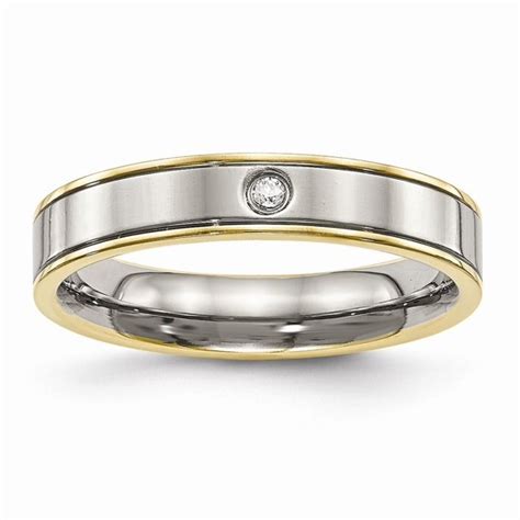 Titanium Polished Yellow Ip Grooved Comfort Back Cz Ring