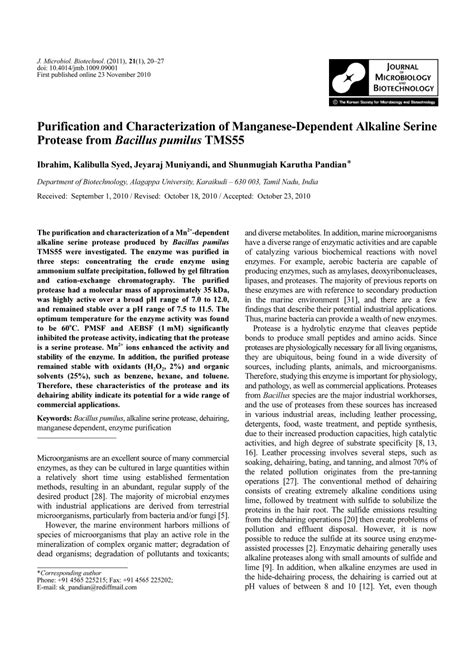 Pdf Purification And Characterization Of Manganese Dependent Alkaline Serine Protease From
