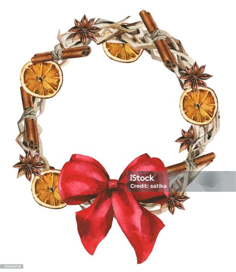 고립 된 크리스마스 화환 가지 빨간 활 아니스 별 말린 오렌지와 계피 흰색 배경에 수채화 손으로 그린 그림을 그린 그림 물 색 도면 화관에 대한 스톡 벡터 아트 및 기타