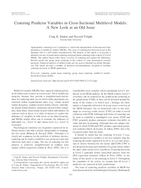 Pdf Centering Predictor Variables In Cross Sectional Multilevel Models A New Look At An Old Issue