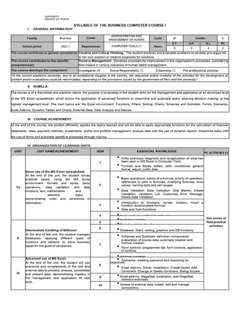 Silabo Computer Tools Pdf Microsoft Excel Computing
