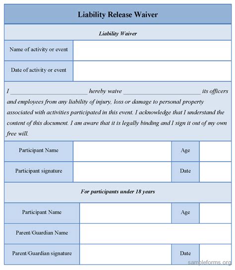 Printable Sample Liability Release Form Template Form Donation Request