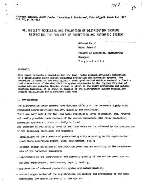 pdf reliability assessment of distribution system with respect to