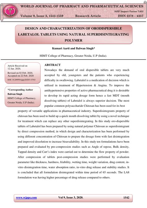 Pdf Design And Characterization Of Orodispersible Labetalol Tablets Using Natural