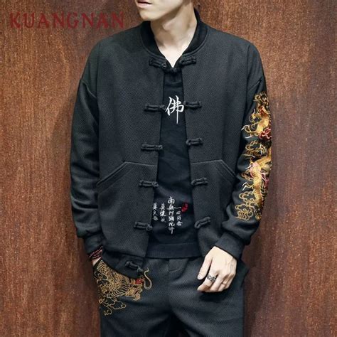 Kuangnan Chinese Style Men Jacket Coat Dragon Embroidery 5xl Men Jacket
