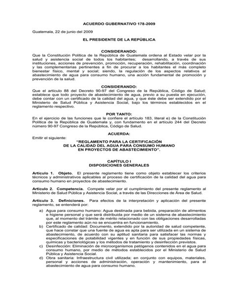 Acuerdo Gubernativo Certificacion De La Calidad Del Agua En Proyectos De Abastecimiento